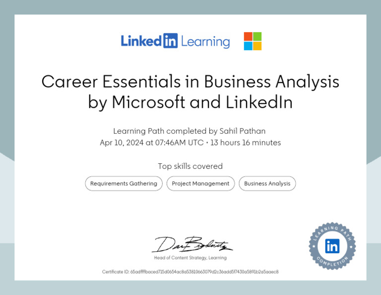 CertificateOfCompletion - Career Essentials in Business Analysis by Microsoft and LinkedIn | PDF