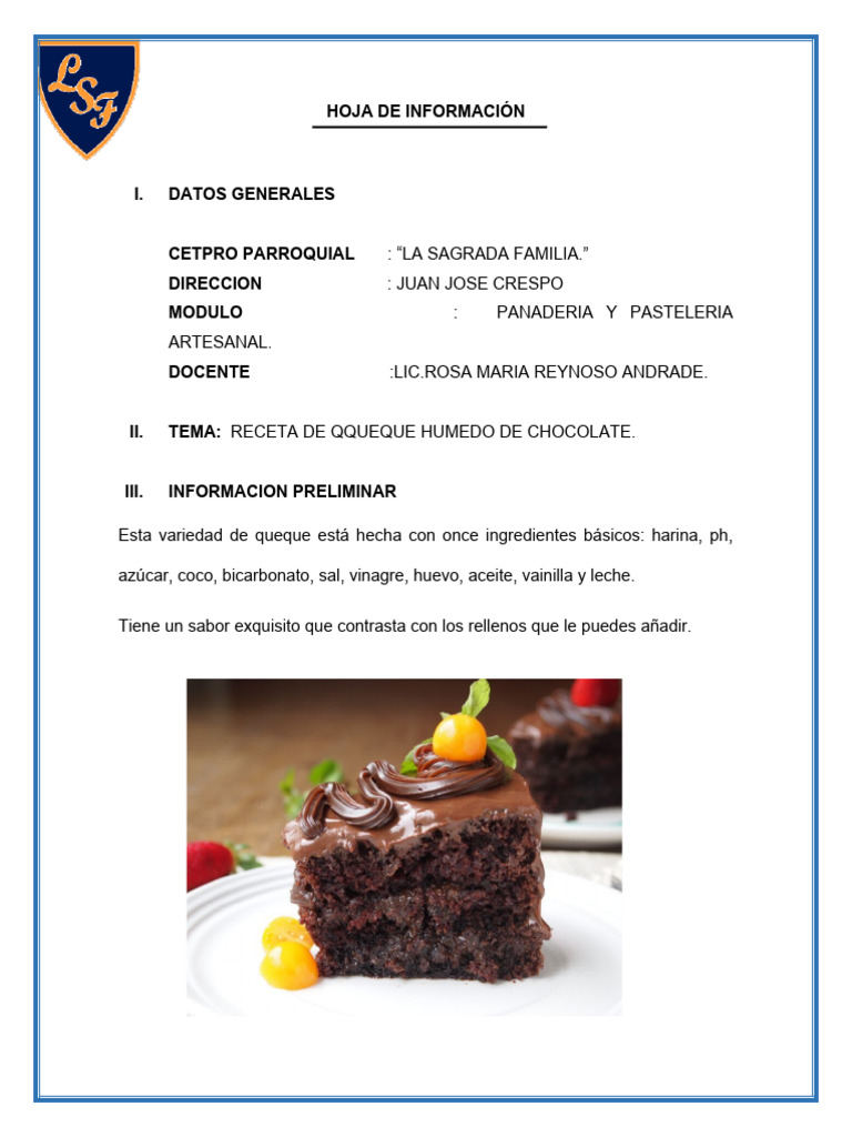 Receta de Queque Húmedo de Chocolate | PDF | Chocolate | Alimentos