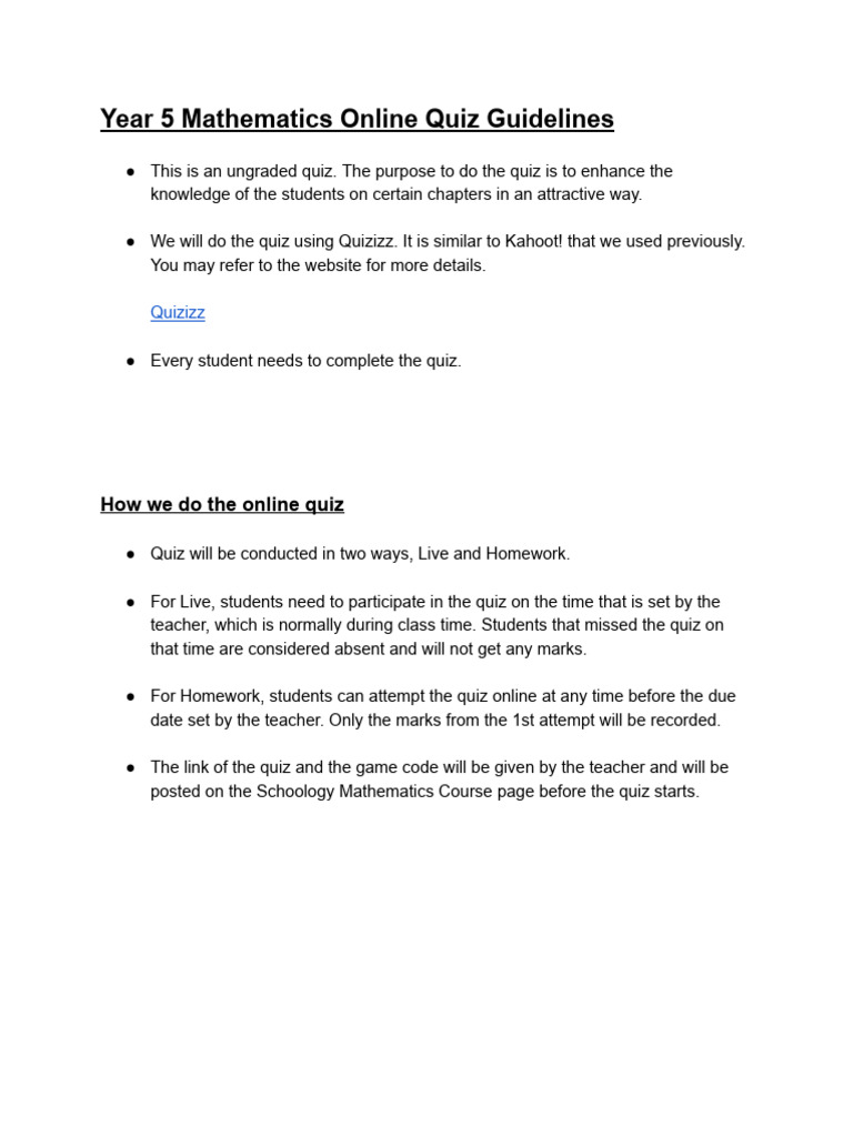 Year 5 Mathematics Online Quiz Guidelines | PDF | Career & Growth | Games & Activities