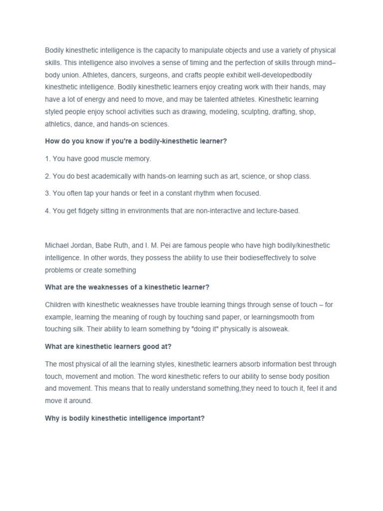 Bodily Kinesthetic Intelligence Is The Capacity To Manipulate Objects ...