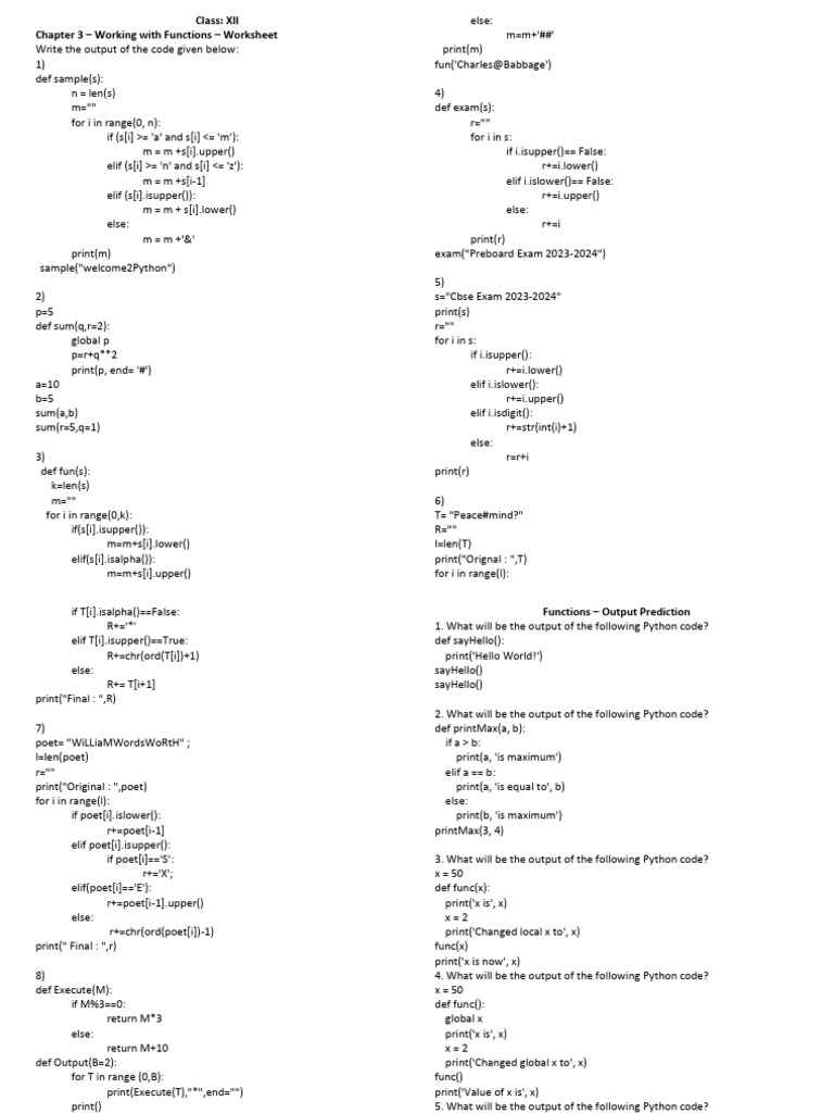 Functions Worksheet | PDF | Parameter (Computer Programming) | Computing
