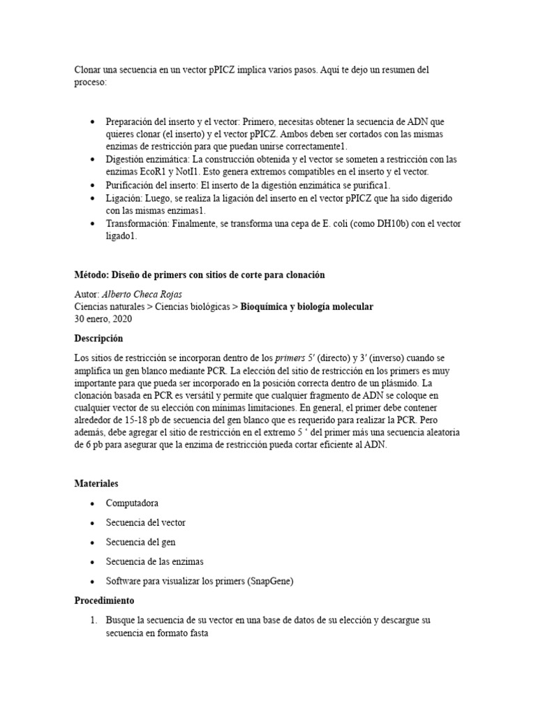 Clonar Una Secuencia en Un Vector pPICZ Implica Varios Pasos | PDF ...