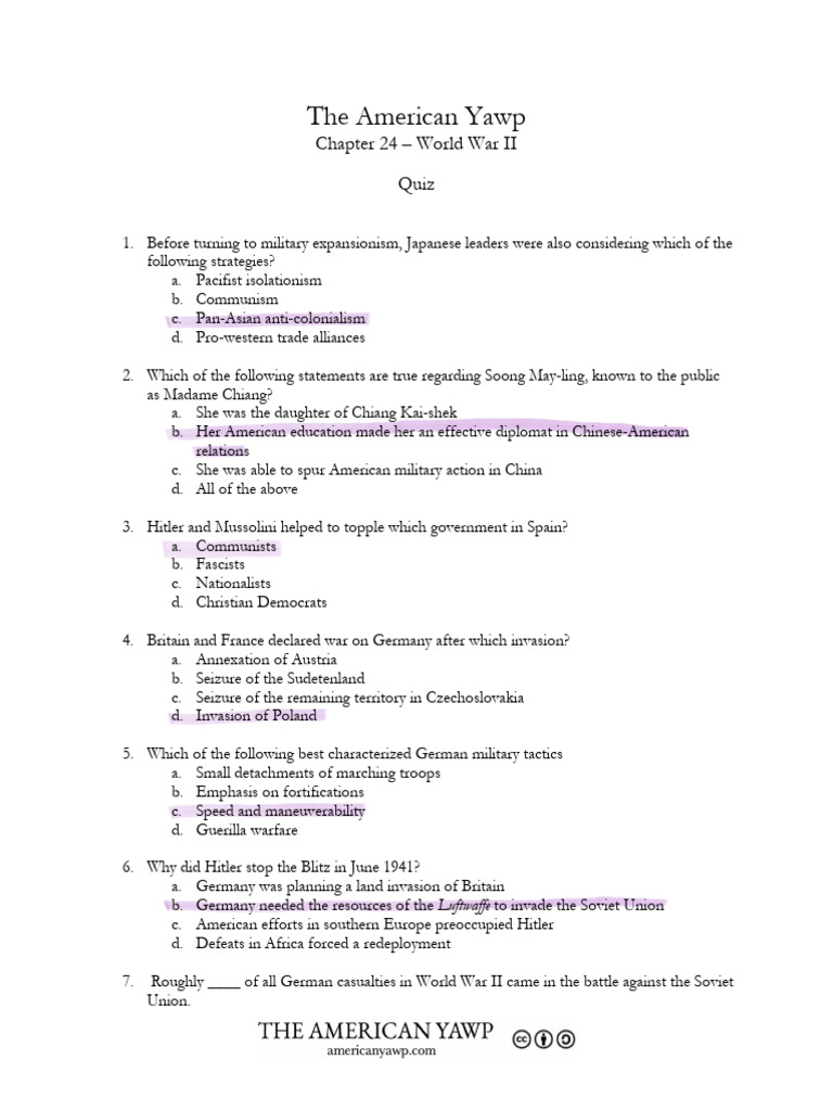 WWII Quiz: Key Events and Figures | PDF | World War II | Conflicts
