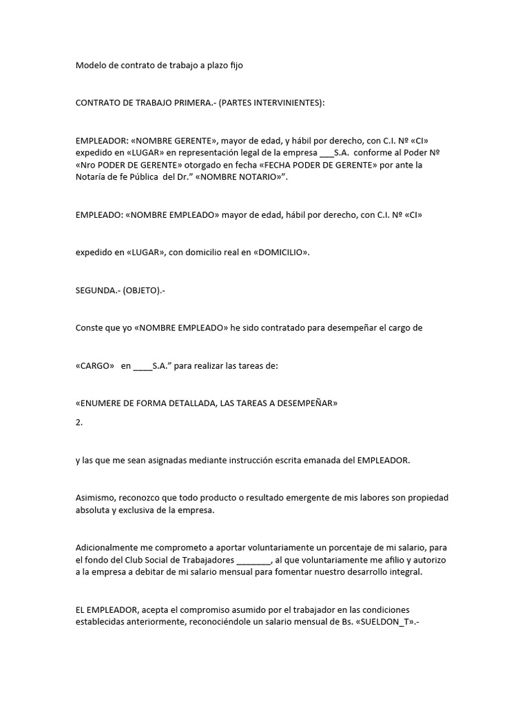 Modelo de Contrato de Trabajo A Plazo Fijo | PDF | Derecho laboral | Business