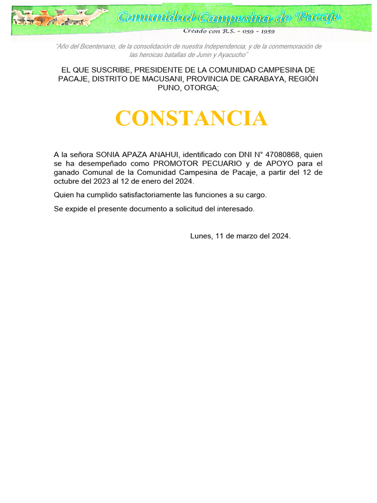 Modelo de Certificado Promotor Pecuario | PDF