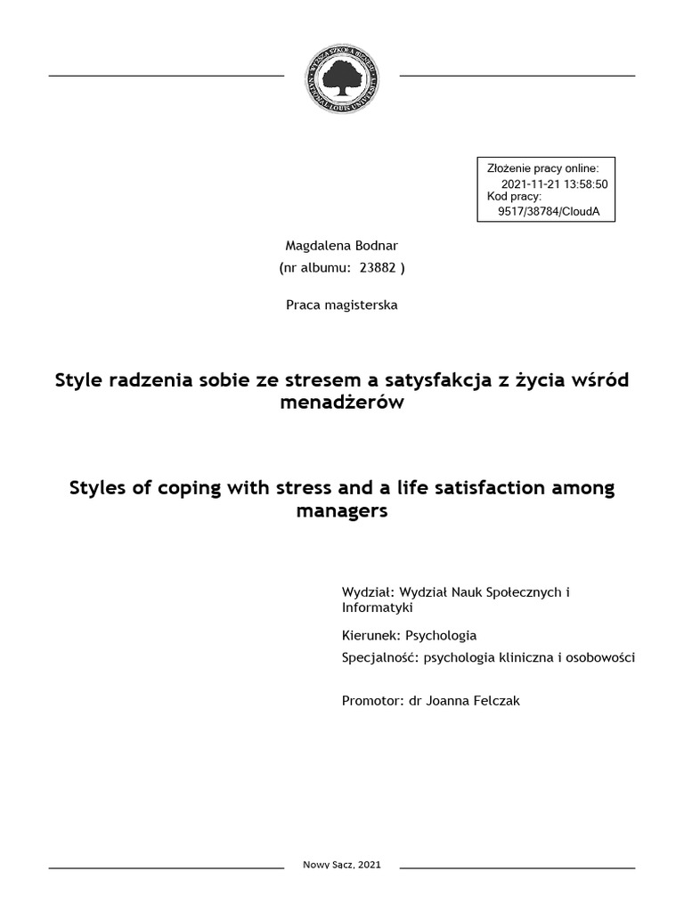 Magdalena Bodnar - Style Radzenia Sobie Ze Stresem A Satysfakcja Z Życia Wśród | PDF