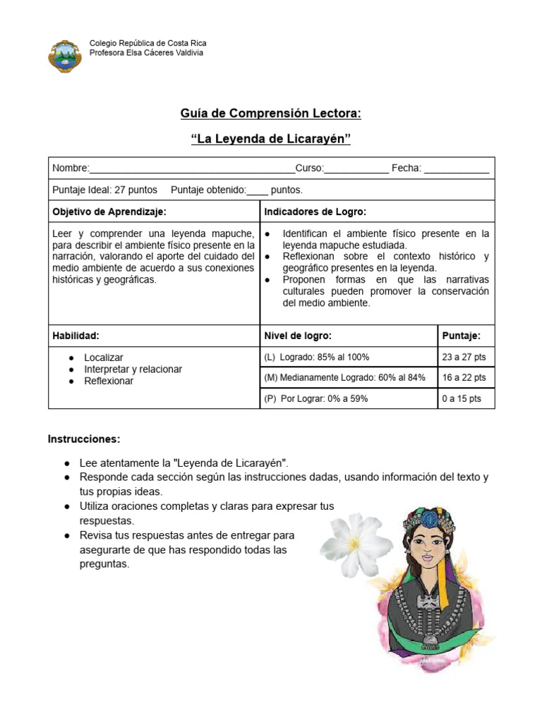 Guía de Comprensión: Leyenda Licarayén | PDF