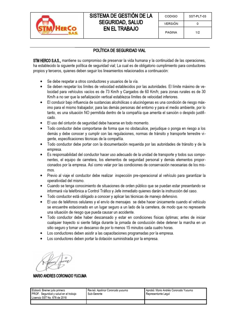 Sst-plt-03-Guía Política de Seguridad Vial.. | PDF | Seguridad vial ...