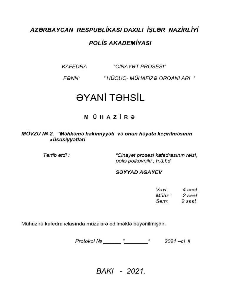 106 Movzu 2. Mehkeme Hakimiyyeti Ve Onun Heyata Kecirilmesinin | PDF