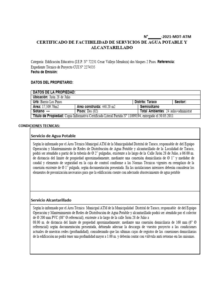 492454408 Certificado de Factibilidad de Servicios de Agua Potable y Alcantarillado | PDF ...
