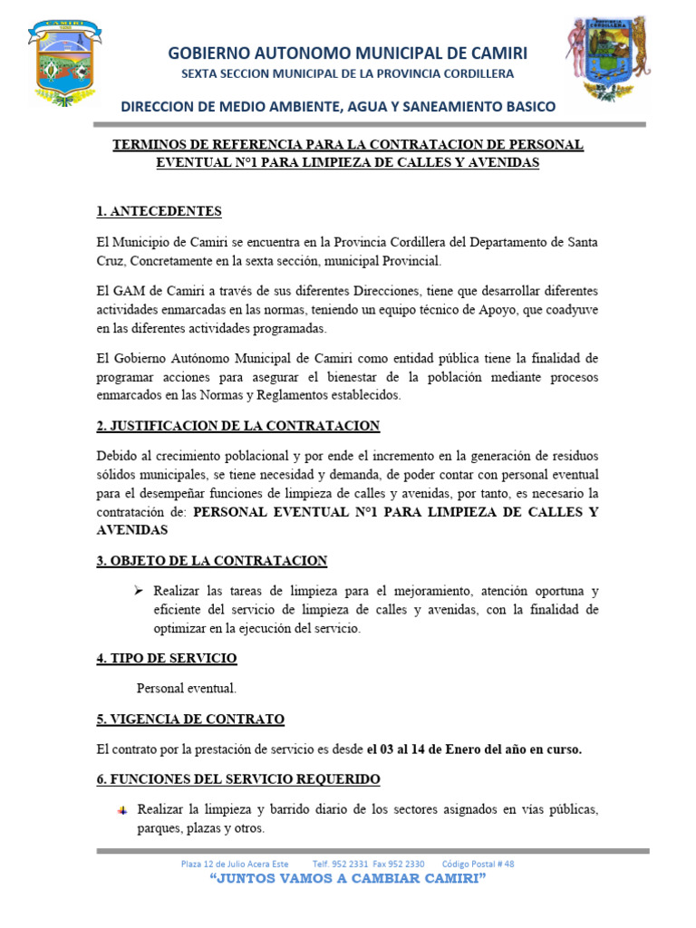 2023 TDR para Limpieza de Calles y Avenidas Alto Camiri (1-10) | PDF | Residuos | Documento de ...