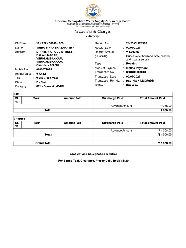 Water Tax & Charges: Chennai Metropolitan Water Supply & Sewerage Board ...