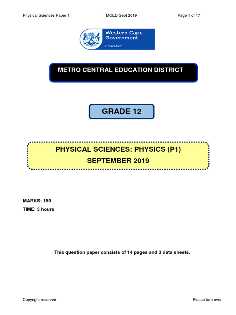 1 2019 Sept P1 GR 12 Physical Sciences MCED | PDF | Force | Mass
