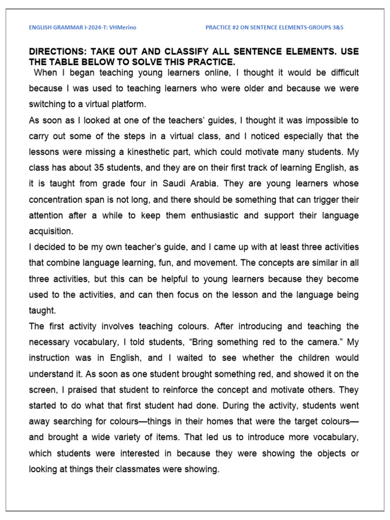 Practice On Sentence Elements (2) Grammar I-2024 | PDF | Learning | Teachers