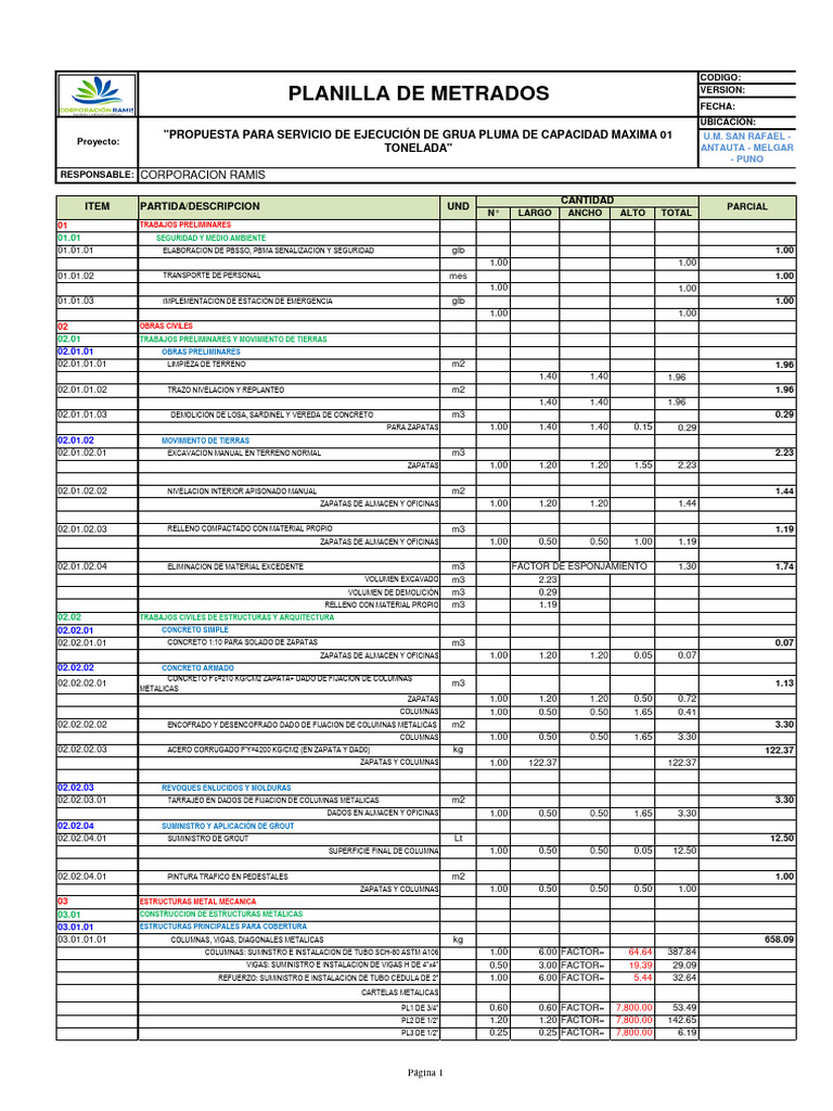 Planilla de Metrados - Grua Pluma de Cap. 1 Ton | PDF | Construyendo ...