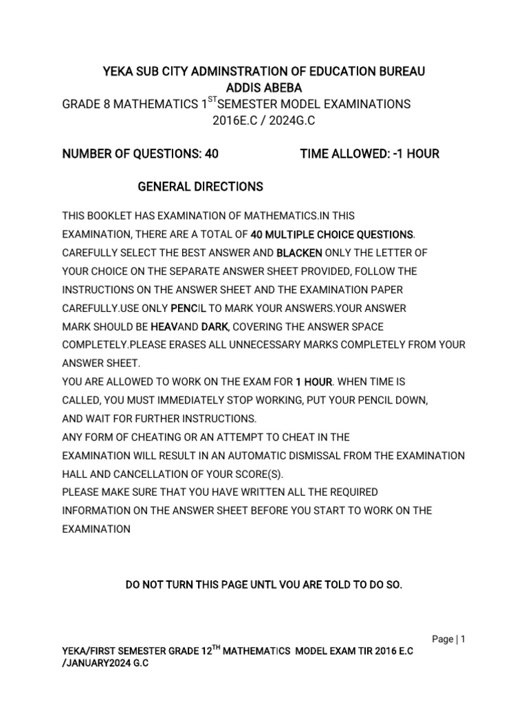 Grade 8 Mathematics Model Exam | PDF | Mathematics