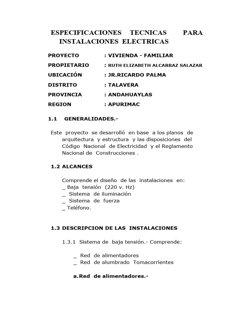 Especificaciones Tecnicas para Instalaciones Electricas | PDF | Enchufes y tomas de corriente ...