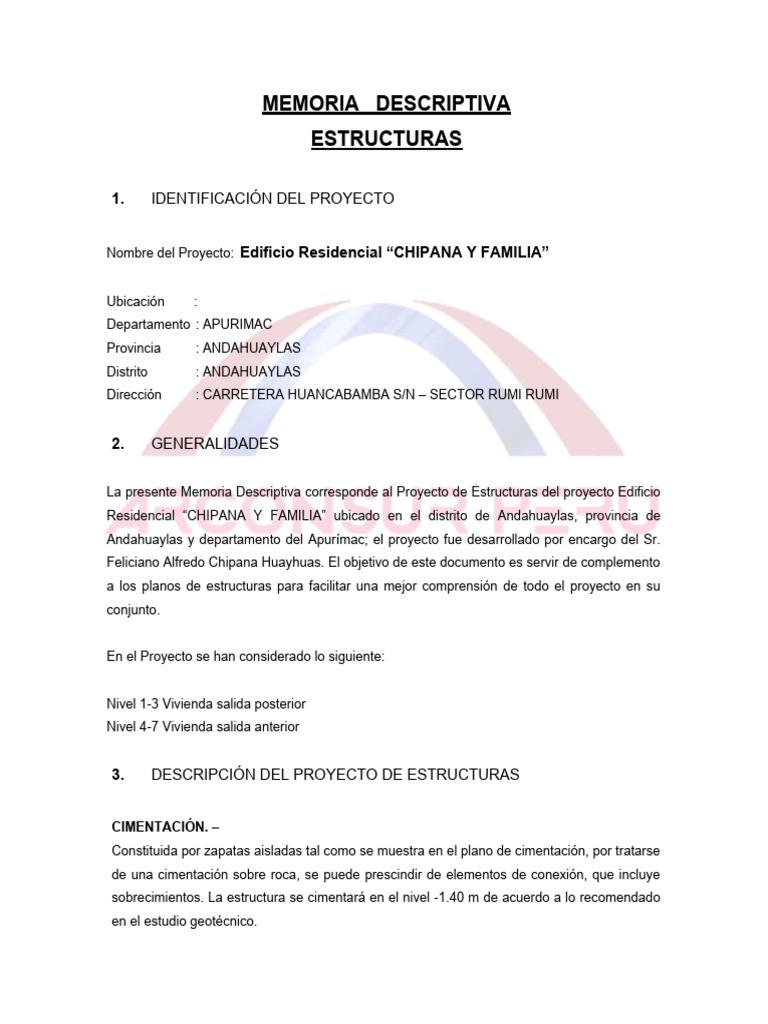 Memoria Descriptiva Especialidad Estructuras | PDF | Fundación (Ingeniería) | Hormigón