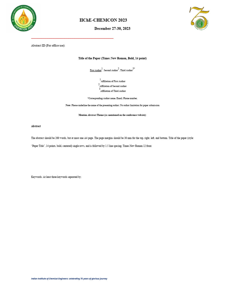 Abstract Template - CHEMCON 2023 | PDF