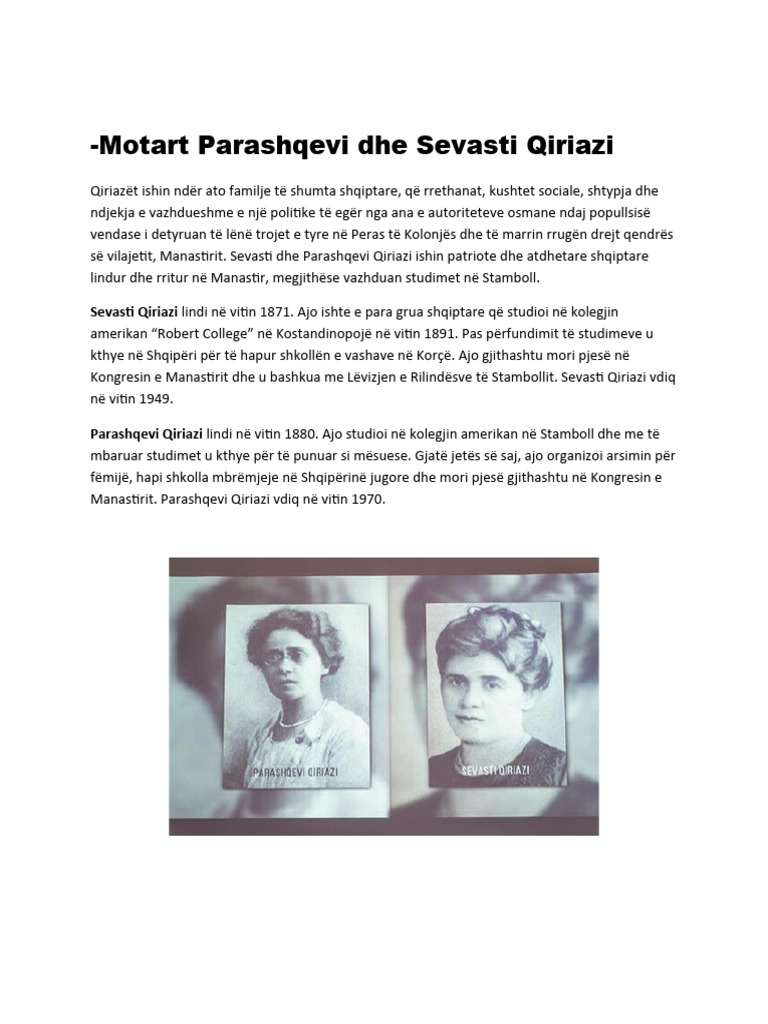 Motart Parashqevi Dhe Sevasti Qiriazi | PDF