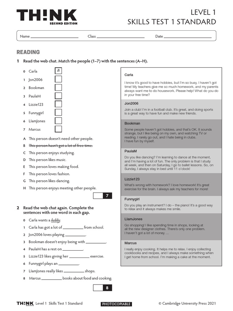 Level 1 Skills Test: Hobbies and Interests | PDF