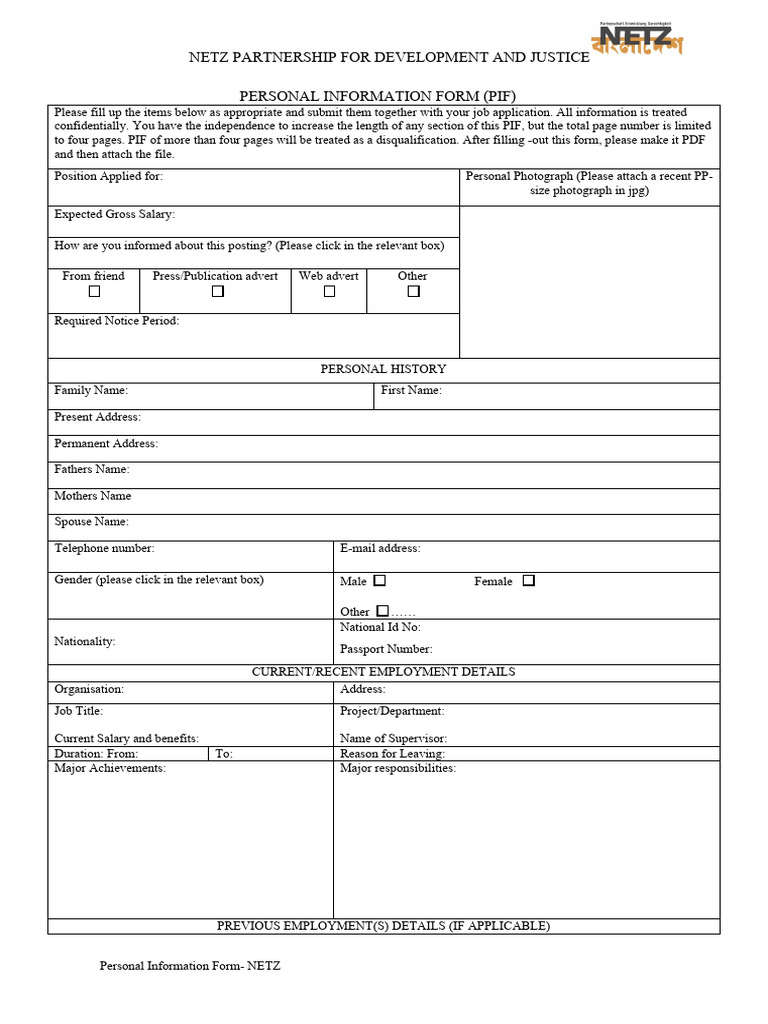 NETZ Personal Information Form (PIF) | PDF | Crimes | Crime & Violence