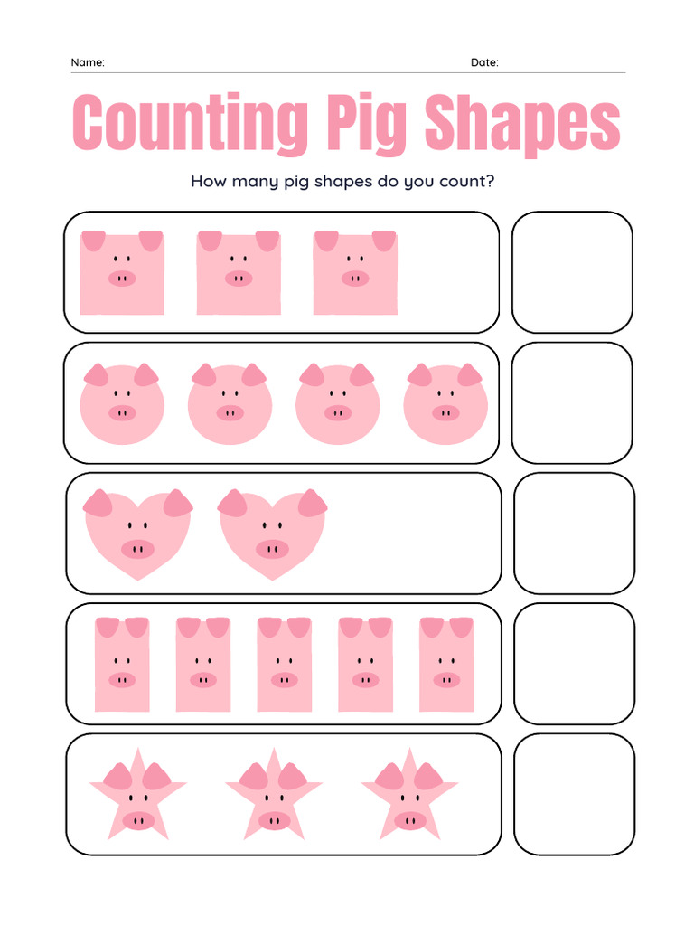 Pig Shapes Counting Worksheet in White Pink Bold Style | PDF