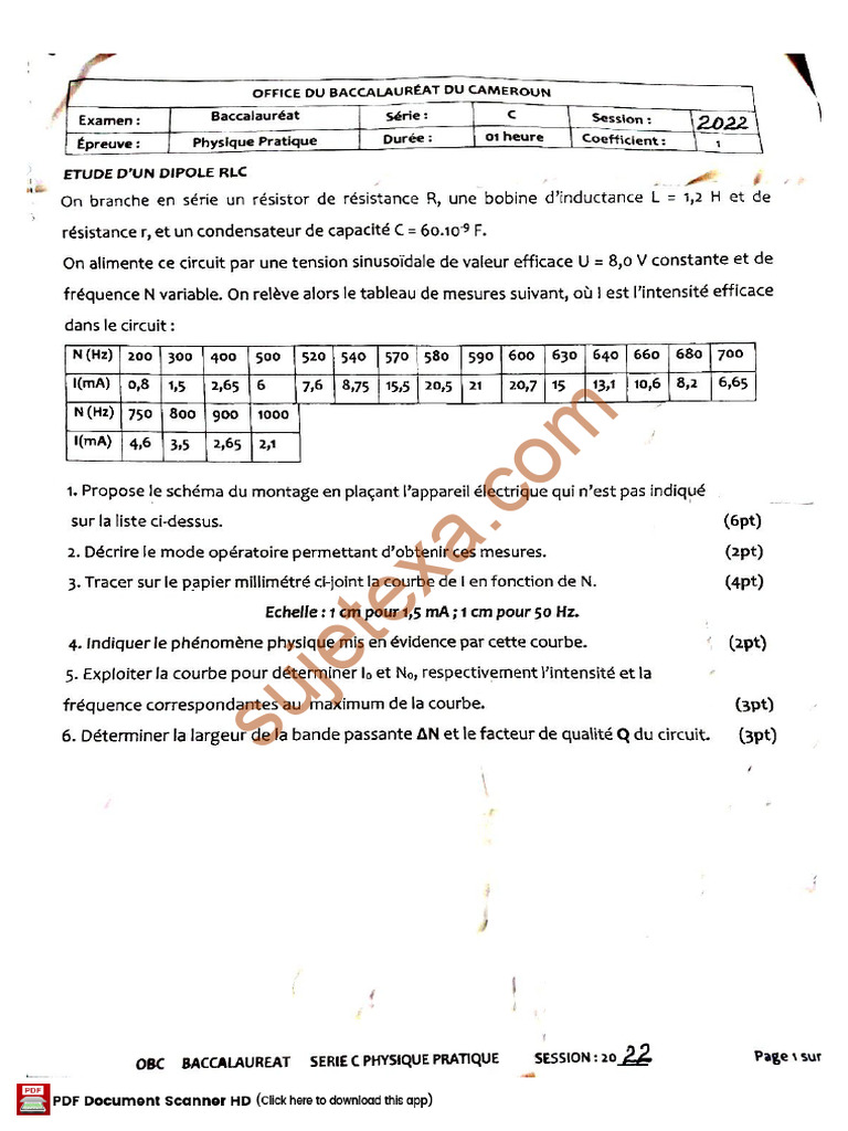 EPREUVE BAC 2022 PHYSIQUE PRATIQUE S RIE C CAMEROUN PDF