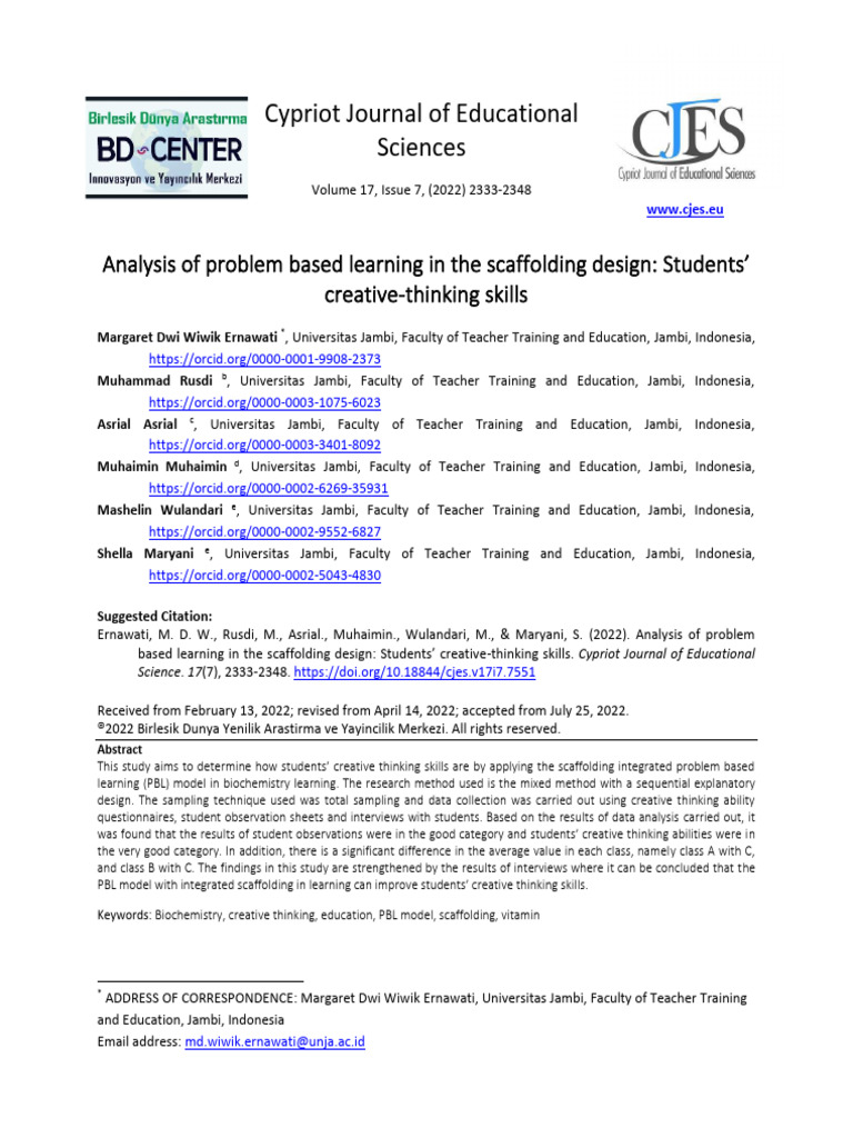 Analysis of Problem Based Learning in The Scaffold | PDF | Quantitative Research | Creativity