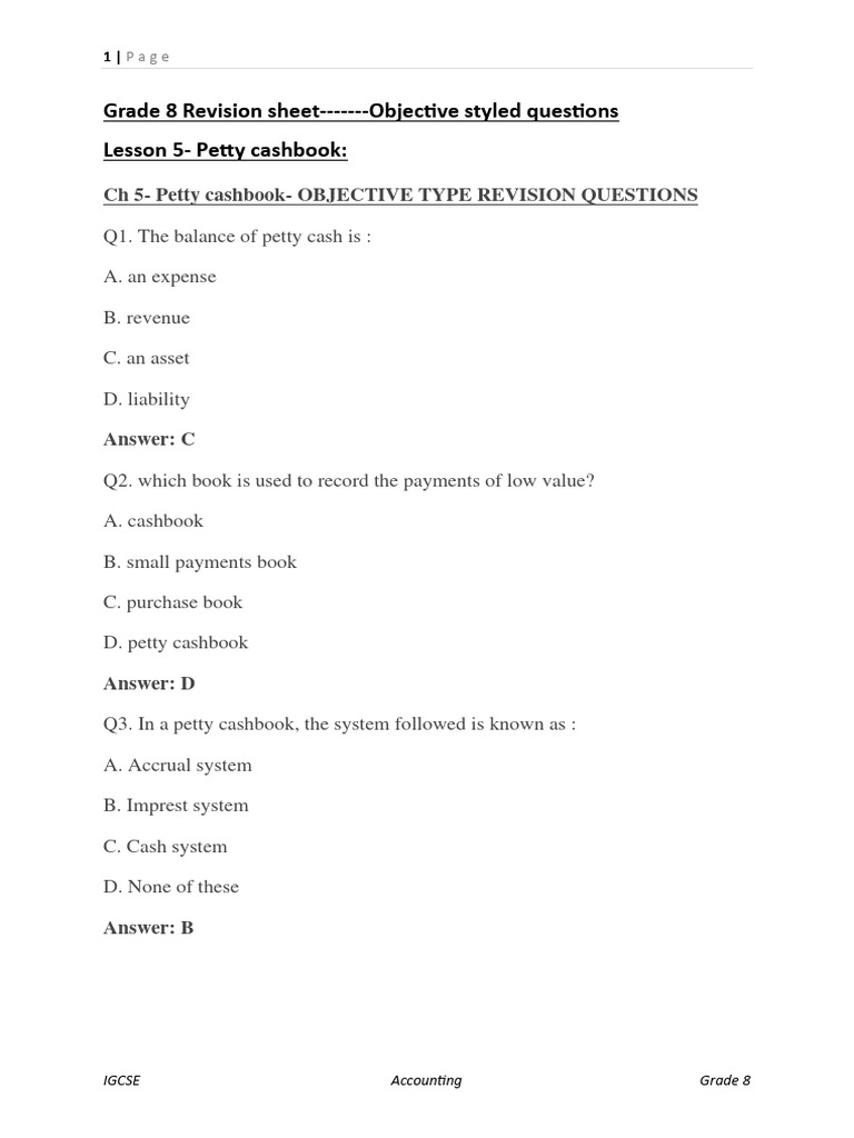 Grade 8 - Quizzes-Revision Sheet | PDF | Cash | Financial Services