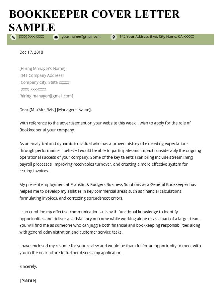 Bookkeeper Cover Letter Template | PDF