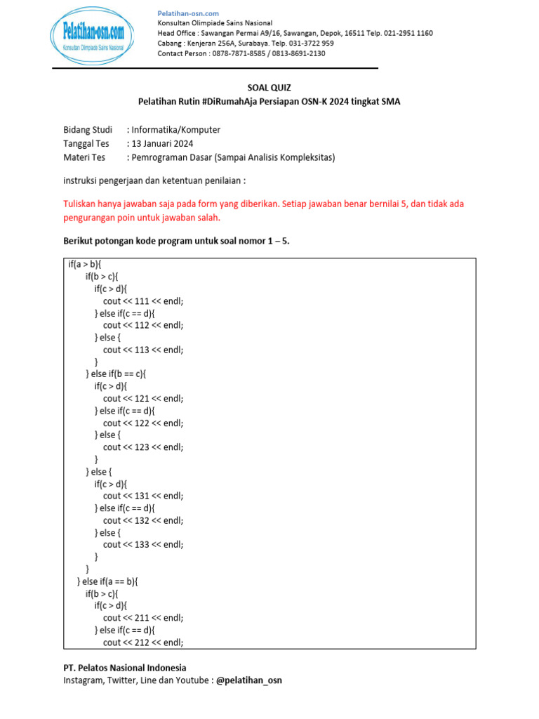 Quiz OSN-K 2024: Pemrograman Dasar | PDF