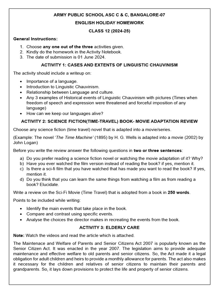 Class 12 English Holiday Homework 2024-25 Edited | PDF | Books | Human ...