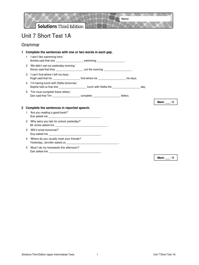 Unit 7 Short Test 1A Answers | PDF