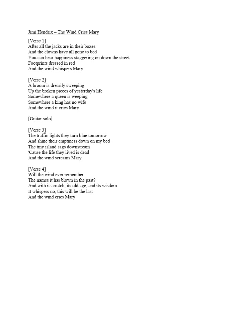 Jimi Hendrix - The Wind Cries Mary (LYRICS) | PDF