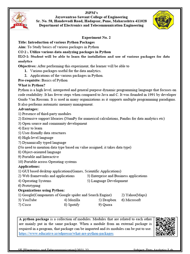Experiment No 2 Introduction to Various Python Packages and Their Basic ... Experiment No 2 Introduction to Various Python Packages and Their Basic ...