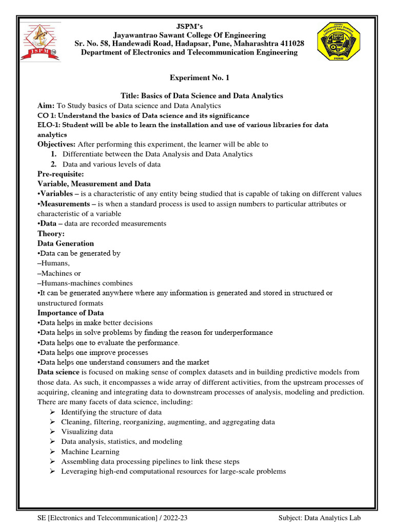 Experiment No 1 Study of The Basics of Data Science and Data Analytics ...