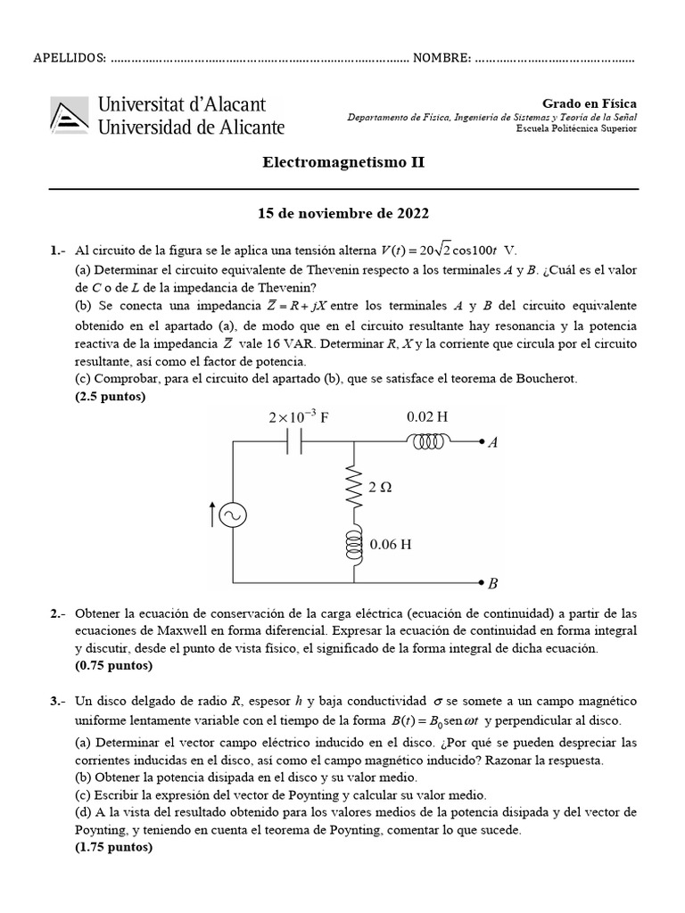 1er CONTROL-15-11-2022 | PDF | Electromagnetismo | Campo magnético 1er CONTROL-15-11-2022 | PDF | Electromagnetismo | Campo magnético