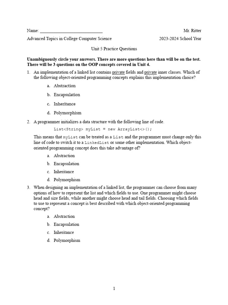 Unit 5 Practice Questions 1 | PDF | Inheritance (Object Oriented Programming) | Class (Computer ...