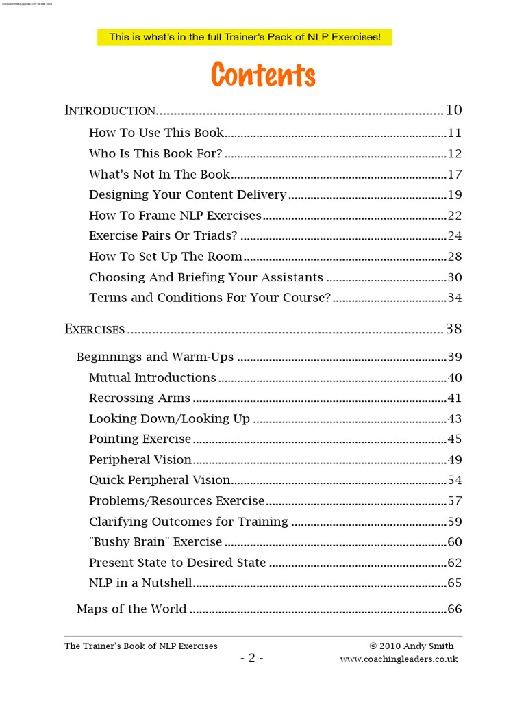 The Trainers Pack of NLP Exercises Contents | PDF | Neuro Linguistic Programming | Goal Setting