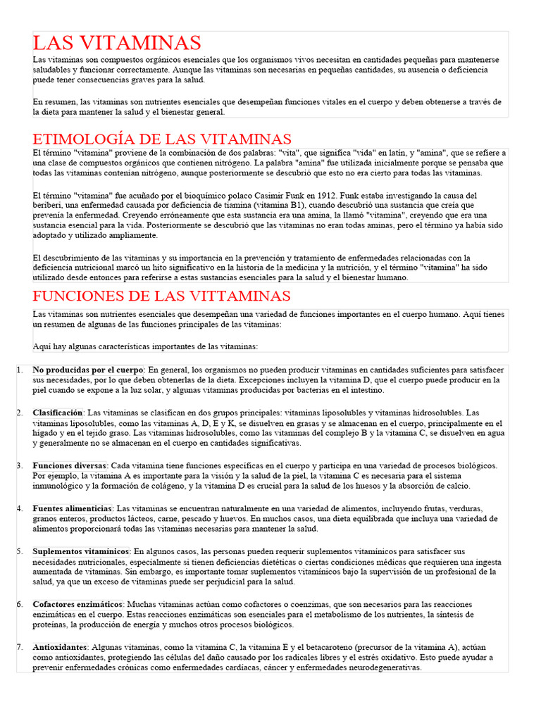 Tipos y funciones de las vitaminas | PDF | Vitamina | Nutrición