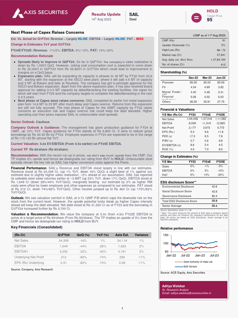 SAIL - Q1FY24 Result Update - 14082023 - 14-08-2023 - 09 | PDF | Investing | Valuation (Finance)