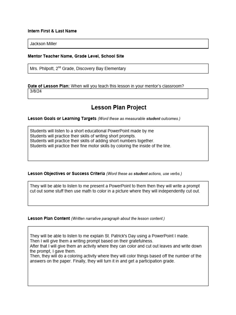 internship ccss lesson plan template 2 | PDF | Lesson Plan | Human ...