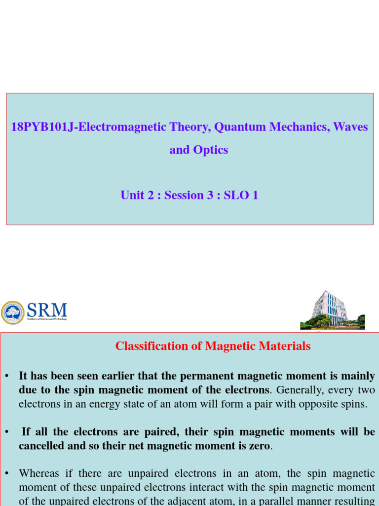 18PYB101J-Electromagnetic Theory, Quantum Mechanics, Waves and Optics | PDF | Magnetism | Magnet