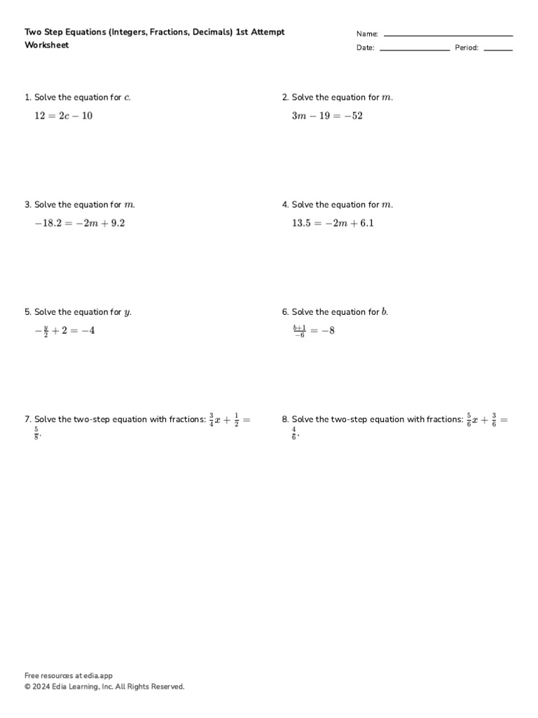 Edia - Two Step Equations (Integers, Fractions, Decimals) 1st Attempt ...