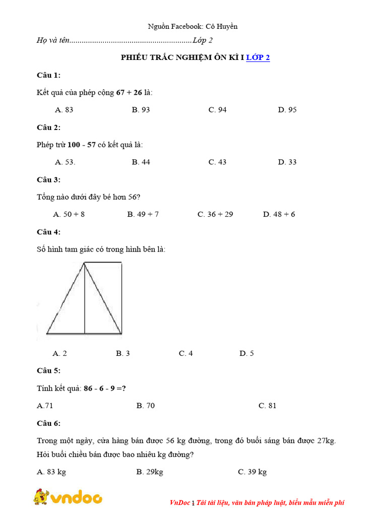 78 Cau Trac Nghiem On Toan Lop 2 Hoc Ki 1 2 | PDF