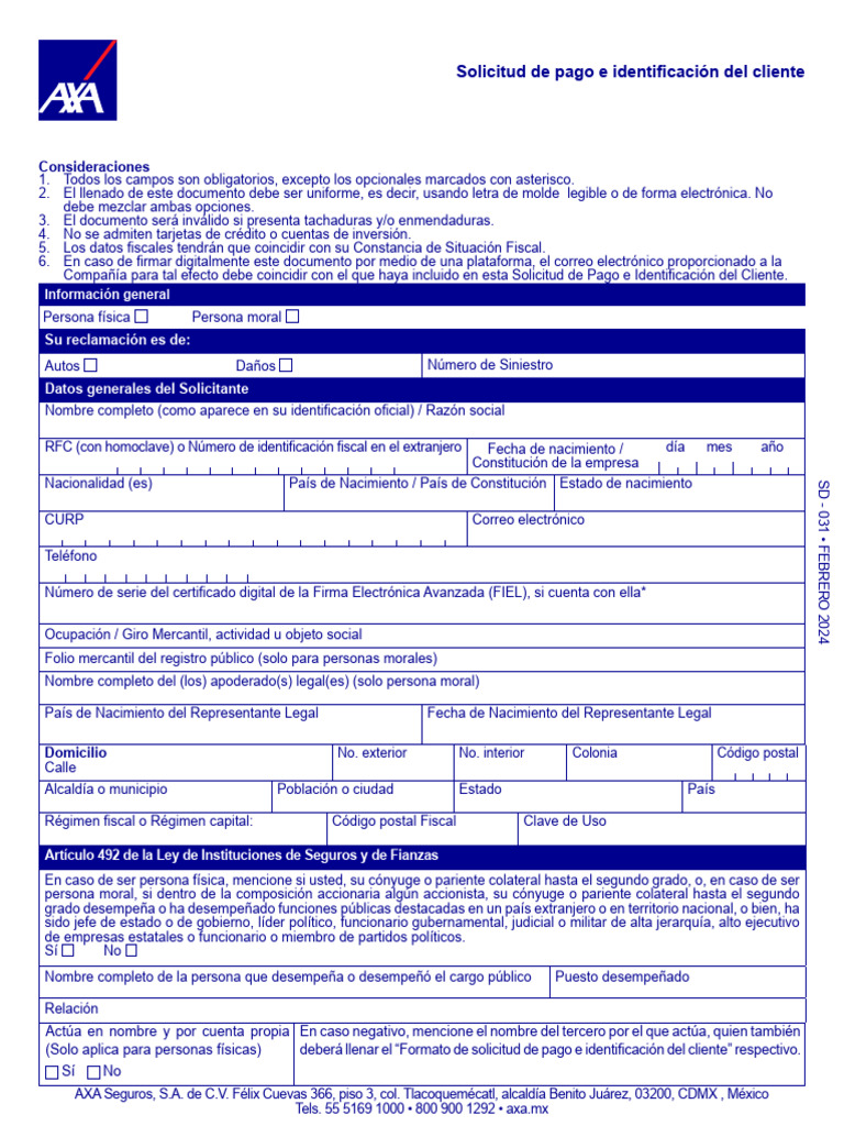 Solicitud de Pago AXA | PDF | Póliza de seguros | Seguro