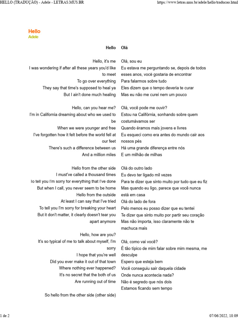HELLO (TRADUÇÃO) - Adele | PDF | Música pop | Indústria da música