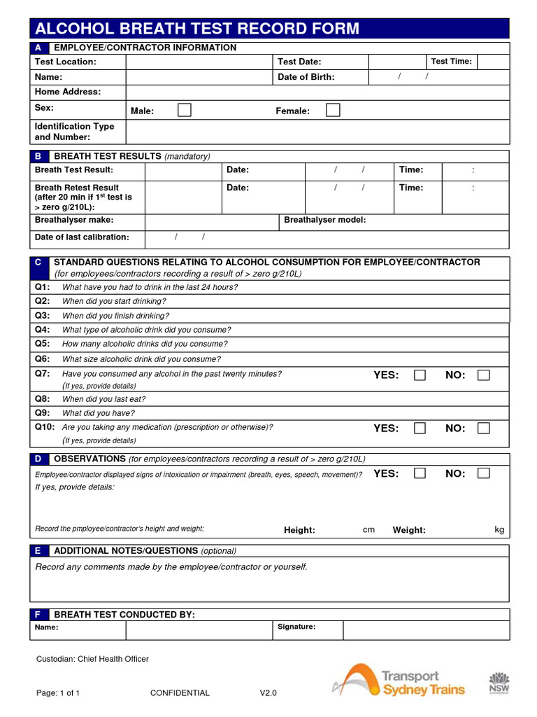 Alcohol Breath Test Record Form | PDF | Alcohol Abuse | Ethanol
