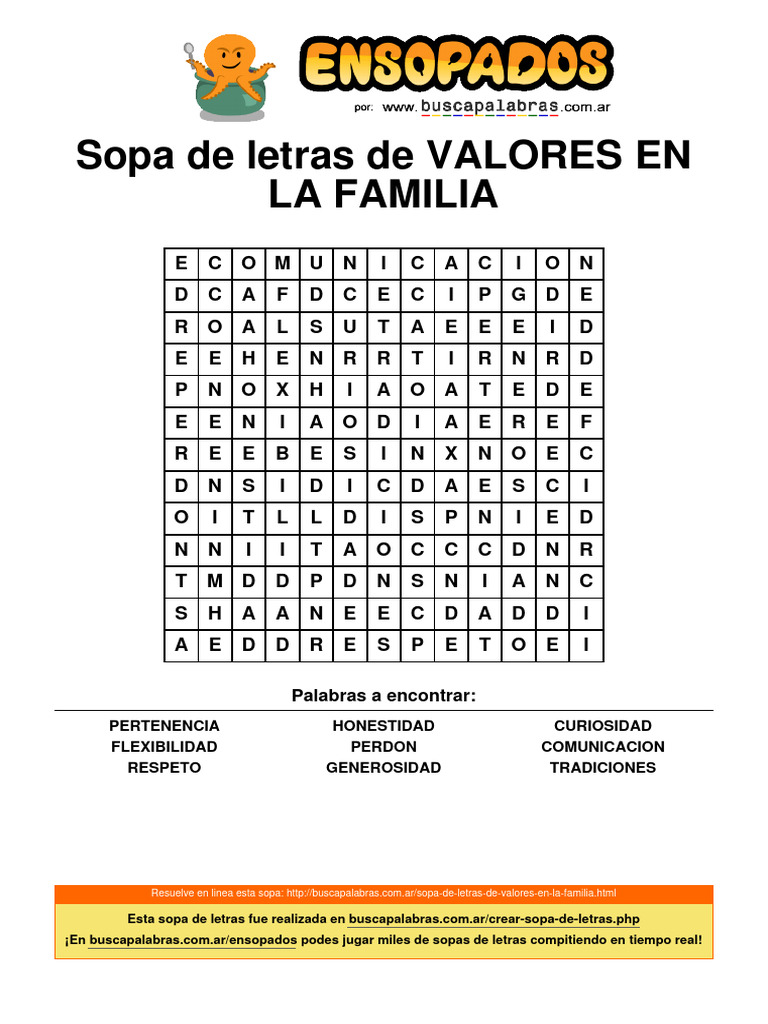 Sopa de Letras de Valores en La Familia | PDF